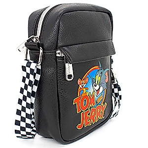 Buckle Down Hanna Barbera Bag, Cross Body, with Tom and Jerry Logo Pose, Black, Vegan Leather