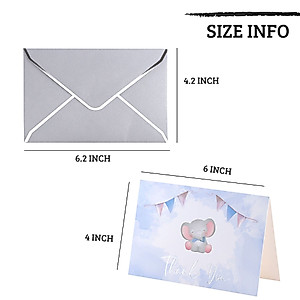 Winoo Design Heavy Duty Baby Shower Thank You Cards Boy - 36 PK - Silver Letterpress Elephant Thank You Cards Baby Shower Baby Boy Thank You Cards Cute Watercolor Thank You Cards Blue