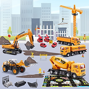 skirtoy Kids Construction Vehicles Playset with Playmat, 18" Crane Toy, 10" Excavator, Tractor, Dump Truck, Cement, 4 Firetrucks, Educational Engineering Toy Set Birthday Gift for Toddler Boy 3+
