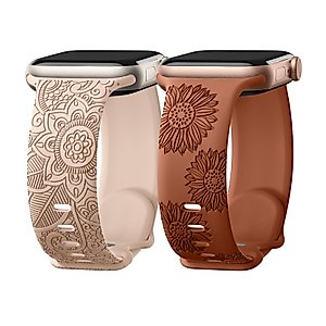 Odbeai Floral Engraved Band Compatible with Apple Watch Bands for Women 38mm 40mm 41mm 42mm 44mm 45mm 46mm 49mm,Soft Silicone Cute Pattern Sport Strap for iWatch Bands Women Series 10 9-1 SE Ultra1/2