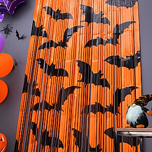 Mega-L Halloween Party Decorations, 2 Packs Black Bat Pattern Orange Background Photo Booth Props, 3.3 x 6.6 ft Halloween Foil Fringe Curtains, Halloween Photo Backdrop Streamers Party Supplies