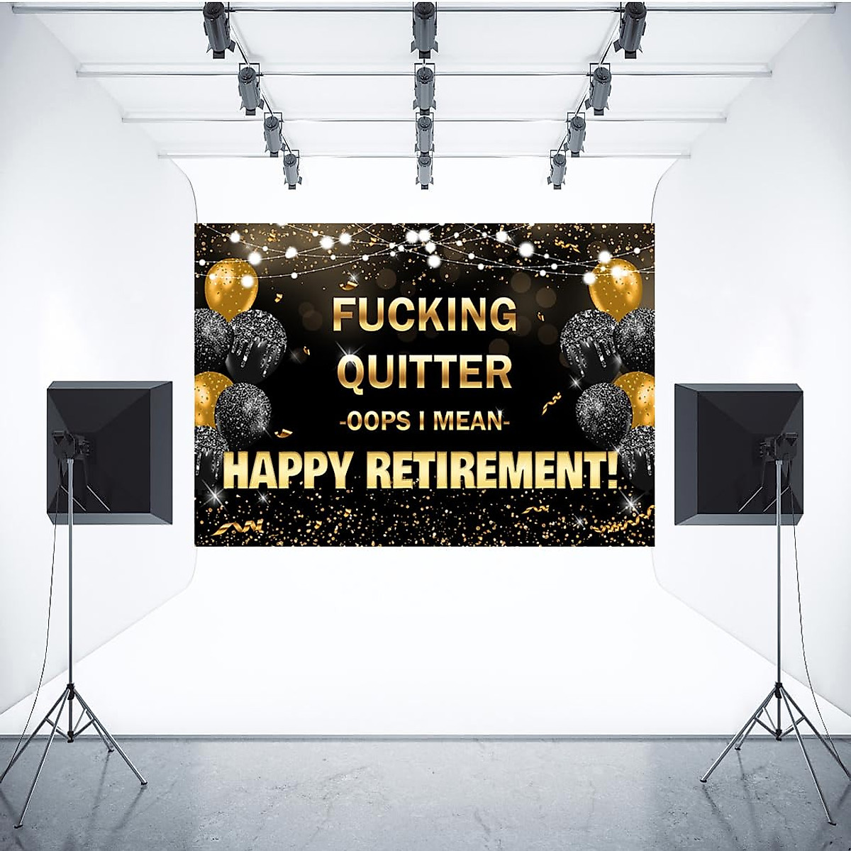 Aperturee 5x3ft Happy Retirement Backdrop Black and Gold Glitter Balloons Fucking Quitter OOPS I Means Photography Background Women Man Retirement Party Thank You Decor Photo Banner Booth Props…