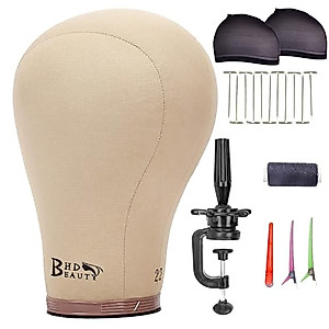 BHD BEAUTY Cork Canvas Block Mannequin Head Wig Display Styling With Mount Hole 22"(Canvas Head+Head Stand+T Pins+C Needles+Wig Caps+Thread +Clips)