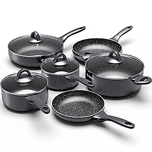 Induction Cookware Pots and Pans Set 10 Piece, BEZIA Dishwasher Safe Nonstick Cooking Pans, Stay-Cool Bakelite Handle, Scratch Resistant Kitchen Sets with Frying Pans, Saucepans & Stockpot