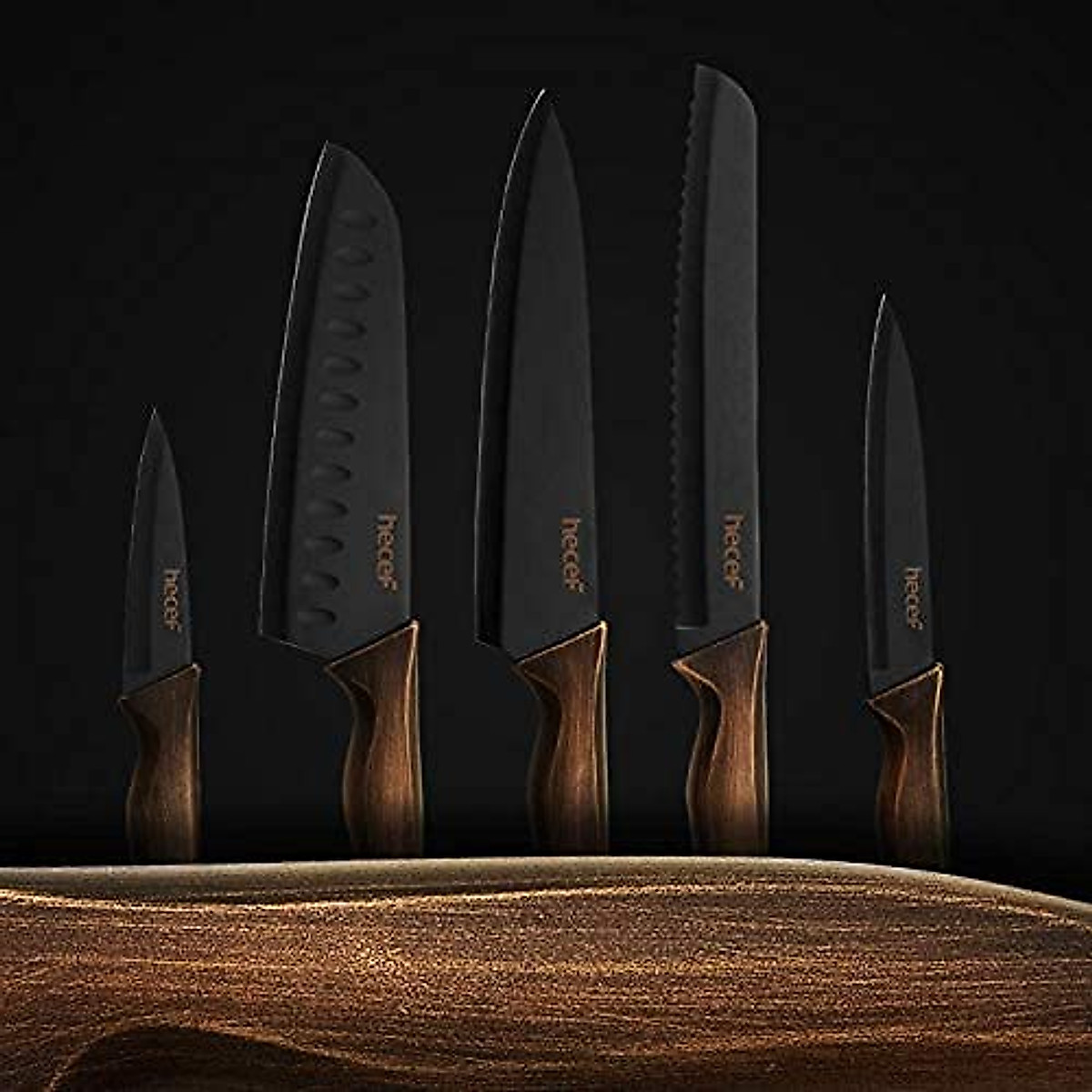 hecef Knife Set Black of 5 with 12 Inch Magnetic Knife Strip, Comes with Protective Blade Cover