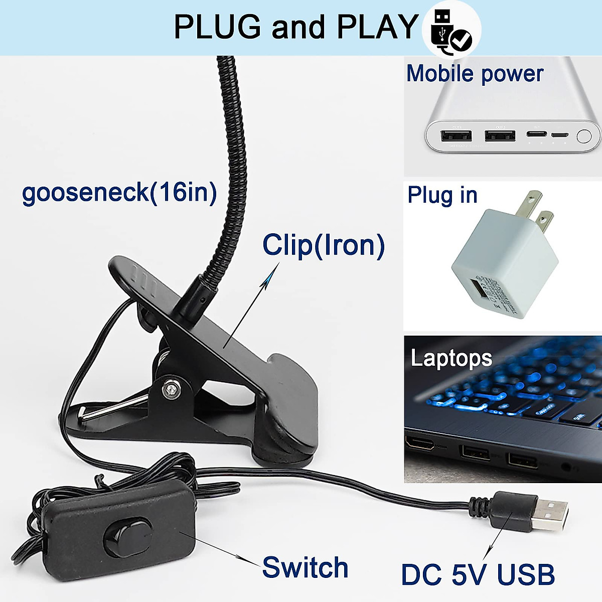 UV LED Black Light Clamp Light with USB, Upgraded 5W 395nm Portable Gooseneck Lamp with Clip for UV Gel Nail, Pet Urine Detection,UV Glue Curing, Blacklight Posters, Fluorescent Paint, Resin Art