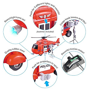 Vokodo Fire Rescue Helicopter 11" With Lights Sounds Push And Go Includes Cargo Basket Durable Kids Firefighter Friction Chopper Toy Pretend Play Airplane Truck Great Gift Children Boys Girls Toddlers