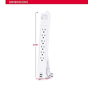 CyberPower CSP606U42A Professional Surge Protector, 900J/125V, 6 Outlets, 2 USB Charge Ports, 6ft Power Cord, White
