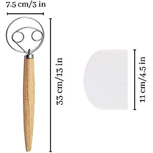 Sofease The Original Danish Dough Whisk - 304 Stainless Steel Ring Nonstick Dutch Whisk for Dough - Long Wooden Danish Dough Whisker Bread Mixer Handle Bundle with Flexible Plastic Scraper Cutter