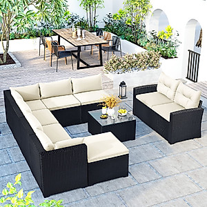 Modern Design 9 Piece Outdoor Large Wicker Sofa Set, Conversation Sectional Couch with Ottoman and Coffee Table, PE Wicker Rattan Furniture Set for Patio Balcony Backyard (Beige + Wicker-9-piece-1)