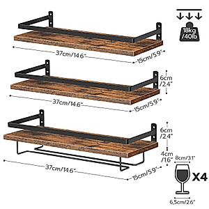 HOOBRO Wall Mounted Wine Rack 3 Pack, Wine Shelf Hanging Floating Wall Shelves, Wine Glass Bottle Rack Stemware Holder, for Living Room, Dining Room, Kitchen, Rustic Brown and Black BF34BJ01