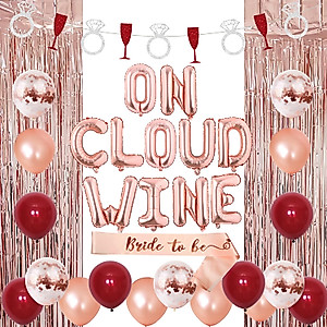 Bride On Cloud Wine Bachelorette Party Decoration, Wedding Bridal Shower Decorations with Wine Bottle Ring Garland, On Cloud Wine Foil Balloon Banner and Latex, Bride To Be Sash and Foil Curtain