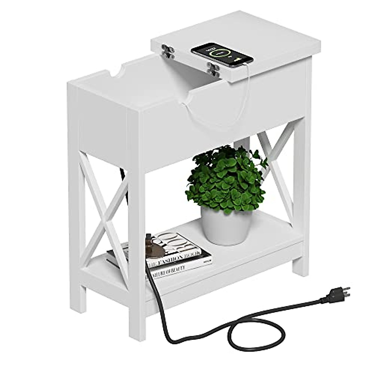 ChooChoo End Table with Charging Station, Narrow Flip Top Side USB Ports & Power Outlets for Small Spaces, Bedside Storage, Nightstand Sofa Living Room, Bedroom White