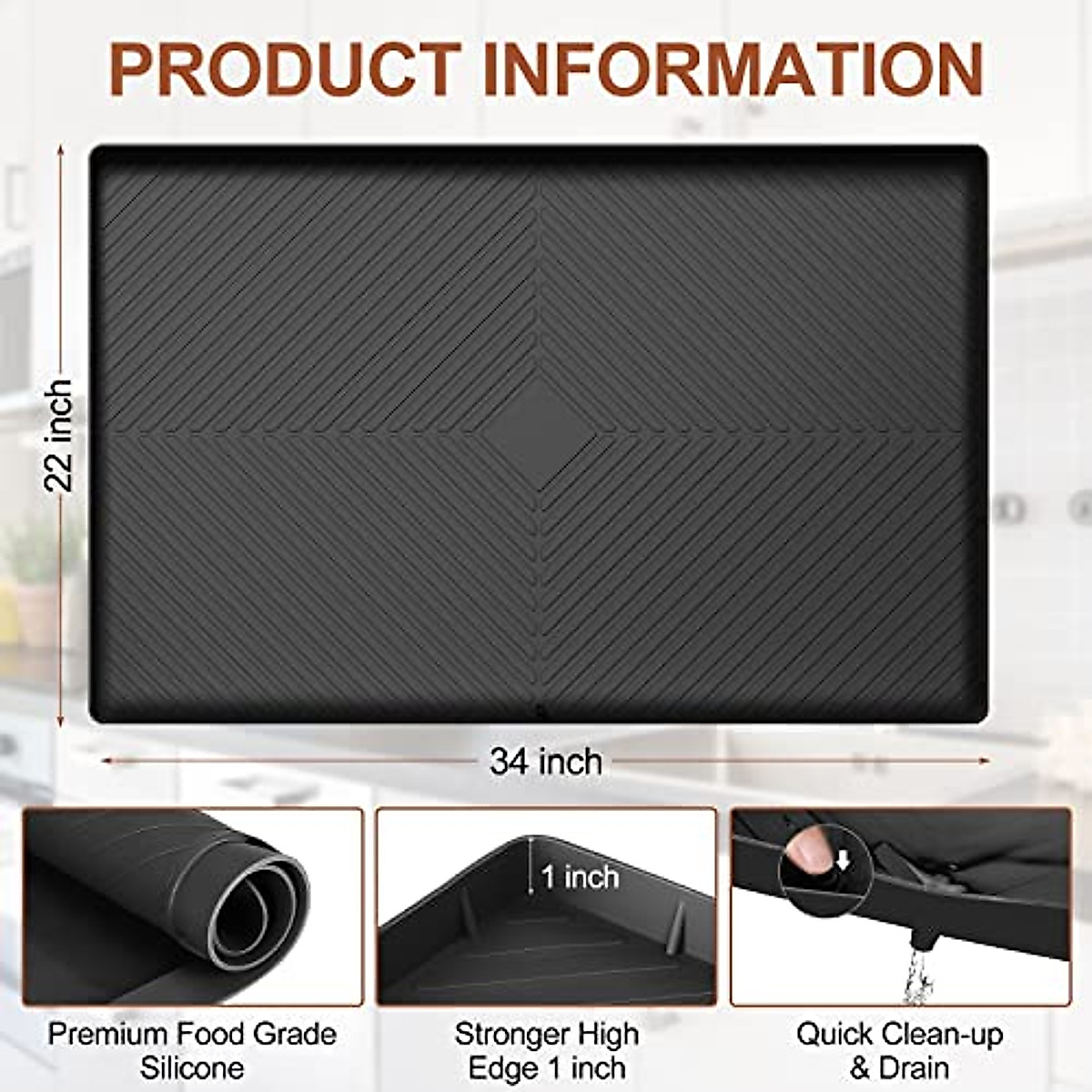 Under Sink Mats for Kitchen Waterproof, 34" x 22" Silicone Under Sink Liner, Under Sink Liner Hold up to 3.3 Gallons Liquid, Sink Protector Tray with Drain Hole for Kitchen Bathroom Cabinet (Black)