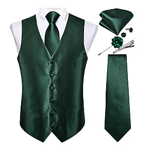 DiBanGu Mens Vest and Tie Set Formal Paisley Waistcoat and Necktie Pocket Square Cufflinks Silk Suit Vest for Tuxedo Wedding, Emerald Green, XX-Large