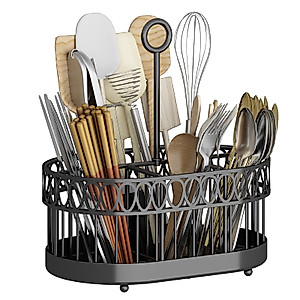 GILLAS Utensil Caddy, Cutlery Silverware Organizer For Forks, Spoons, Knives, Napkins And Desk Supplies, Storage Basket With 4 Compartments (Black)