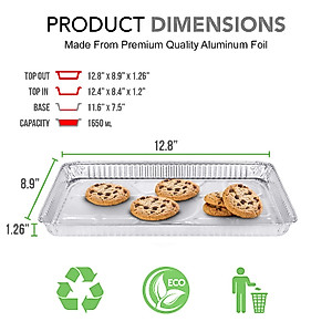 (25 Pack) 1/4 Size Cookie Sheet Baking Cake Pans l 12.8” x 8.9” Disposable Aluminum Foil Trays l Premium Heavy Duty Nonstick Baking Sheets Reusable