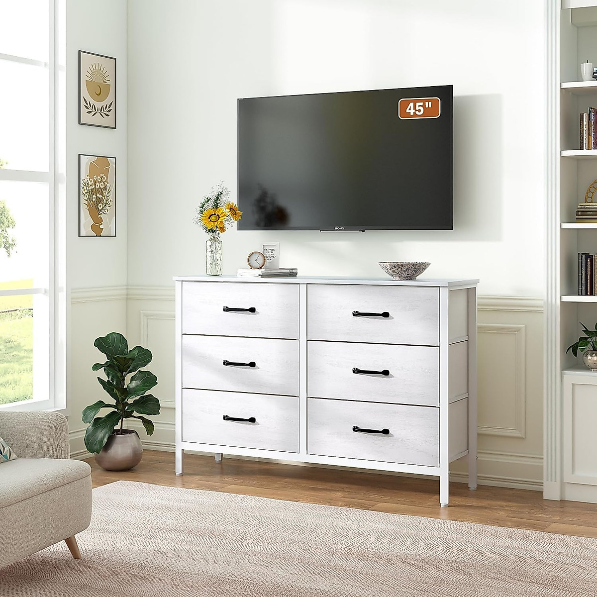 LYNCOHOME White Dresser with 6 Drawers, Wide Dresser for Bedroom and 50" TV, Entertainment Center with Metal Frame, Wooden Top, Fabric Drawers Dresser for Bedroom, Hallway, Entryway, White
