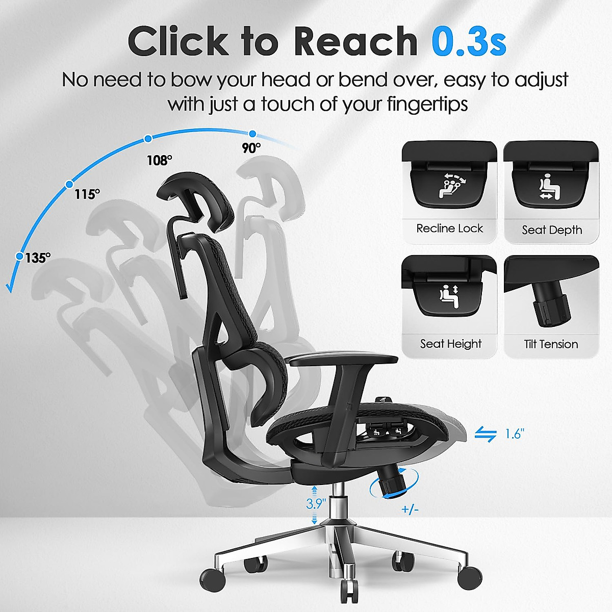 CabeVibe Ergonomic Mesh Office Chair - 6‘6“ Big & Tall Home Office Desk Chairs Seat Depth Adjustable with Lumbar Support - Back Height Adjustable Computer Task Chair with Headrest (Ergo Upgrade 518)