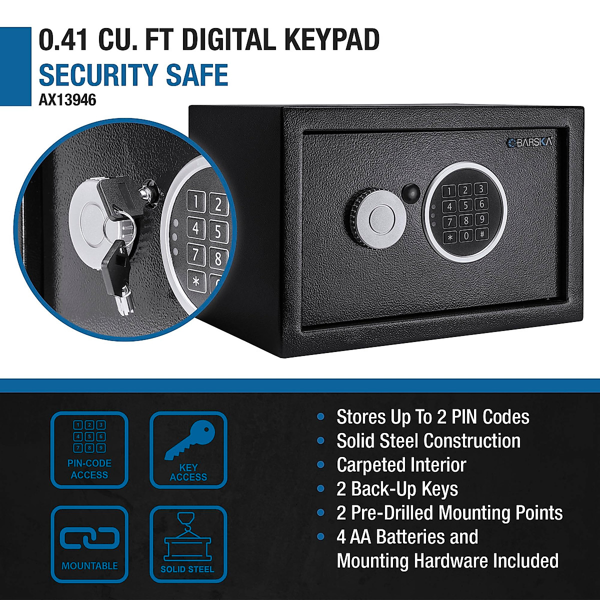 Barska Digital Keypad Home & Office Steel Security Safe Lock Box with Deadbolts - 0.41 Cu Ft Compact