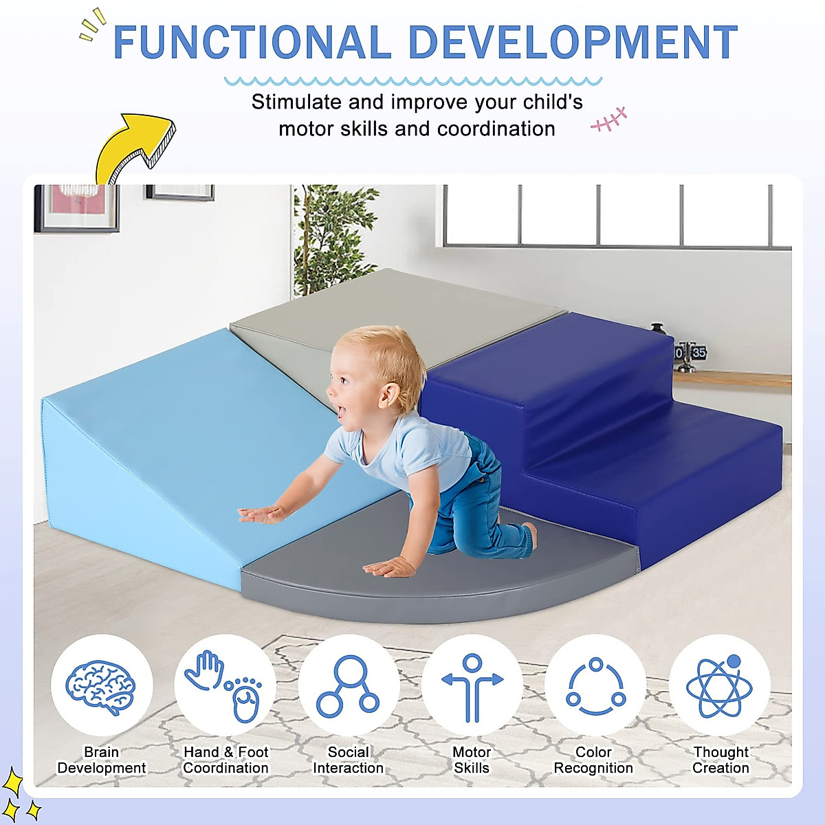 Climbing Toys for Toddlers 1-3, Indoor Corner Climber Soft Play Equipment, Colorful Climb and Crawl Activity Playset, Motor Skills Early Development Foam Blocks for Toddlers and Kids, Blue