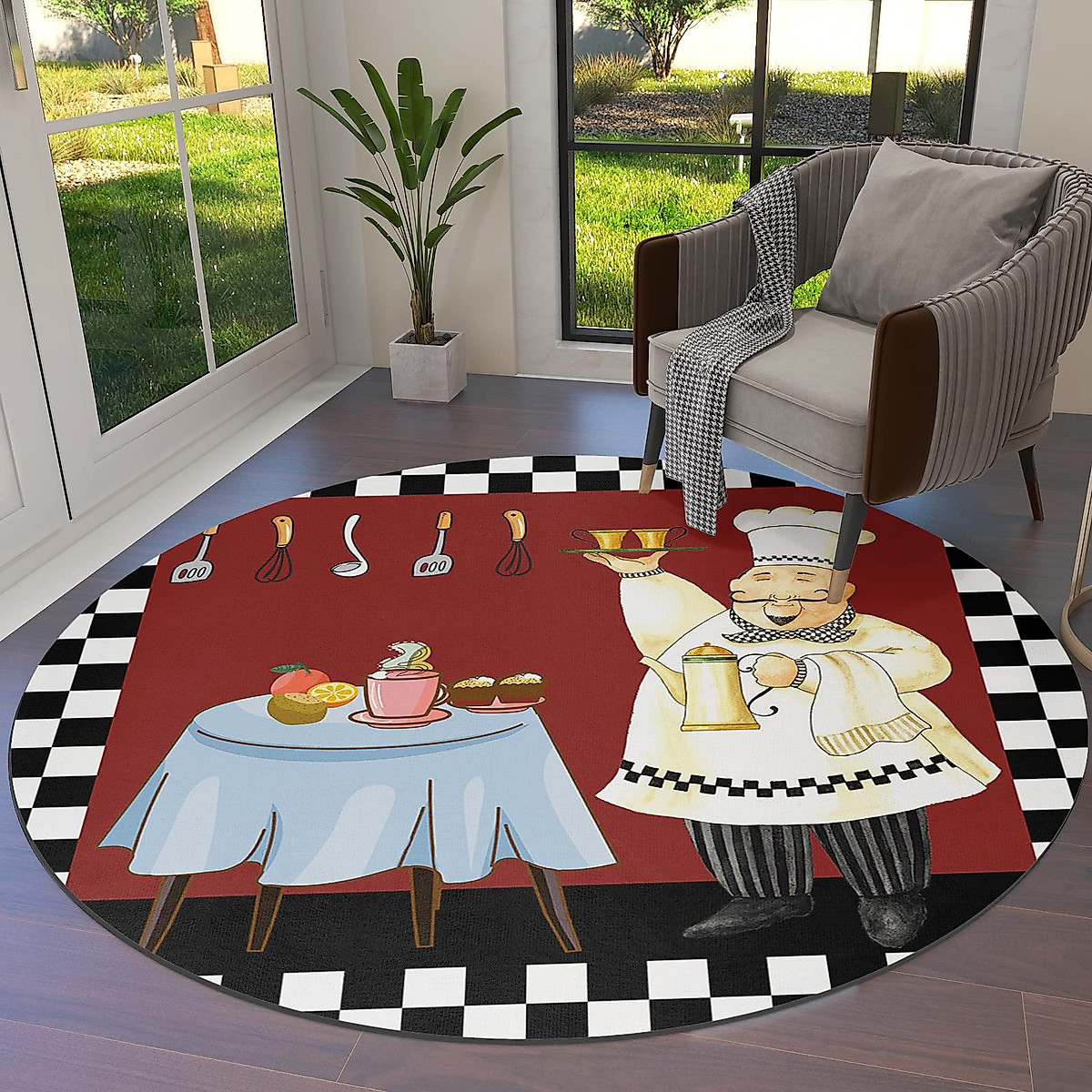 Kitchen Coke Coffee Chefs Round Area Rugs Collection 3', Rustic Black and White Buffalo Plaid Indoor Circular Throw Runner Rug Floor Mat Carpet for Living Room Dining Table Bedroom Nursery Decor