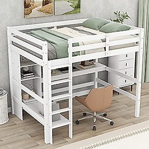 Full Loft Bed with Desk and Storage Shelves, Wood Loft Beds Frame with Bookcase, Modern High Loft for Kids Boys Girls Teens, Full Size, White