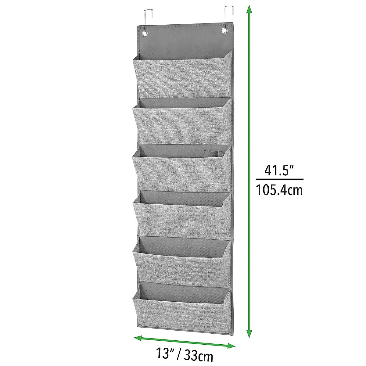 mDesign Soft Fabric Over The Door Hanging Storage Organizer with 6 Large Pockets for Closets in Bedrooms, Hallway, Entryway, Mudroom - Textured Print - Hooks Included - Gray