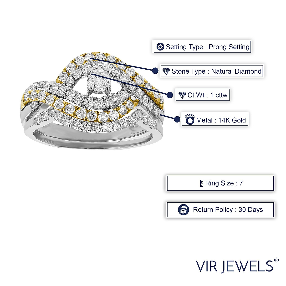 Vir Jewels 1 cttw Diamond Wedding Engagement Ring Set 14K Yellow Gold Curve Bridal Size 7