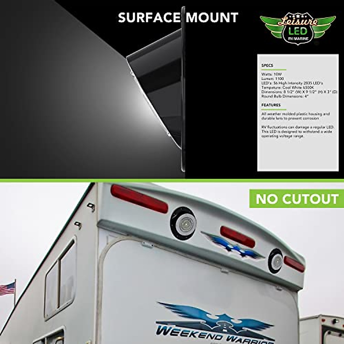 Leisure LED RV Exterior Round Surface Mount Flood Porch Utility Light - Black 12v 1100 Lumen Lighting Fixture Replacement Lighting for Weekend Warrior RVs, Trailers, Campers, 5th Wheels (Black)