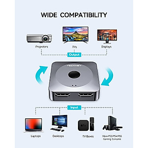 TECKNET HDMI Switch 4k@60hz Splitter, Aluminum Bidirectional HDMI Switcher 2 in 1 Out, Manual HDMI Hub Supports HD Compatible with Xbox PS5/4/3 Blu-Ray Player Fire Stick Roku(Cable is not Included)