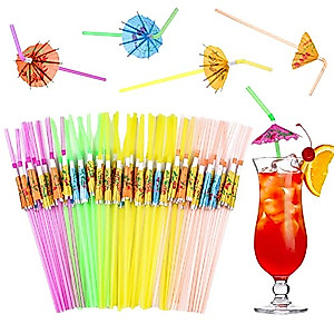 180 Pcs Umbrella Straws Disposable Plastic Bendy Flexible Cocktail Drinking Straws 9.45 Inch Hawaiian Beach Party Birthday Luau Decorations Supplies - Assorted Colors
