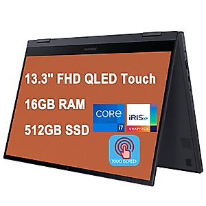 SAMSUNG Galaxy Book Flex2 Alpha 2-in-1 13 Laptop 13.3" FHD QLED Touchscreen 11th Gen Intel Quad-Core i7-1165G7 16GB RAM 512GB SSD Backlit Keyboard Fingerprint USB-C Dolby Atmos Win10 Black