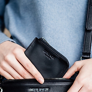 BERLINER BAGS Premium Mini Wallet Mark Flat Purse with Zipper Genuine Leather Small Case Ladies Men Thin Slim (Brown)