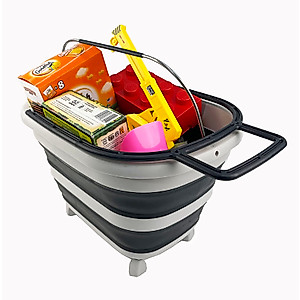 SAMMART 17L (4.5 gallons) Collapsible Plastic Basket with Wheels and Handle-Foldable Pop Up Storage Tub/Organizer with Wheels-Portable Washing Tub-pop up Saving (Grey/Slate Grey)