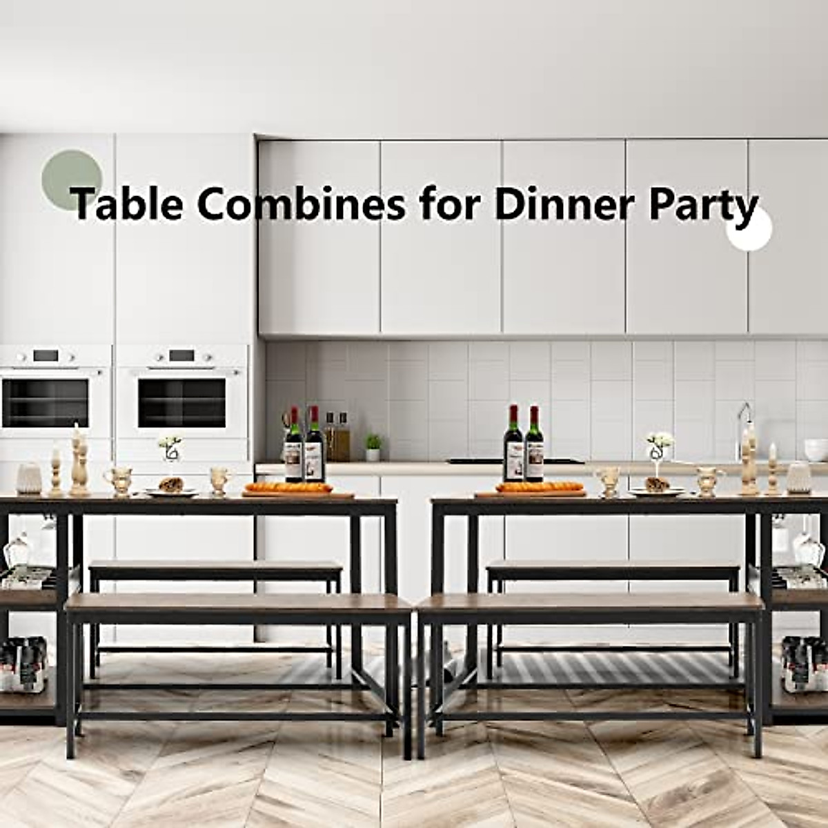 COSTWAY 3-Piece Dining Table Set for 4, Rustic Pub Dining Table with 2 Benches, 2 Storage Shelves and Glass Holder, Breakfast Kitchen Table and Chairs Set for Small Space Kitchen Restaurant Bar