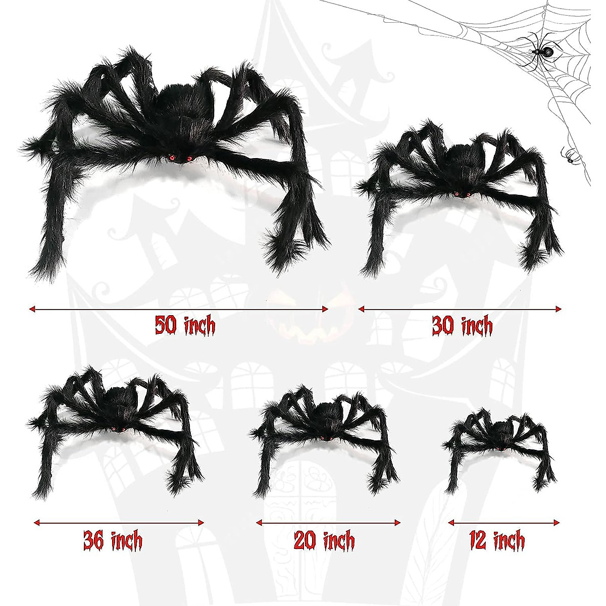 Large Spiders Halloween Giant Spider Decorations with Big Spiders Halloween Fake Scary Spider Web for Indoor Outdoor Yard Lawn Wall Home Porch House with 6Pcs (49"/30"/30"/20"/12"/12" Large Sizes)