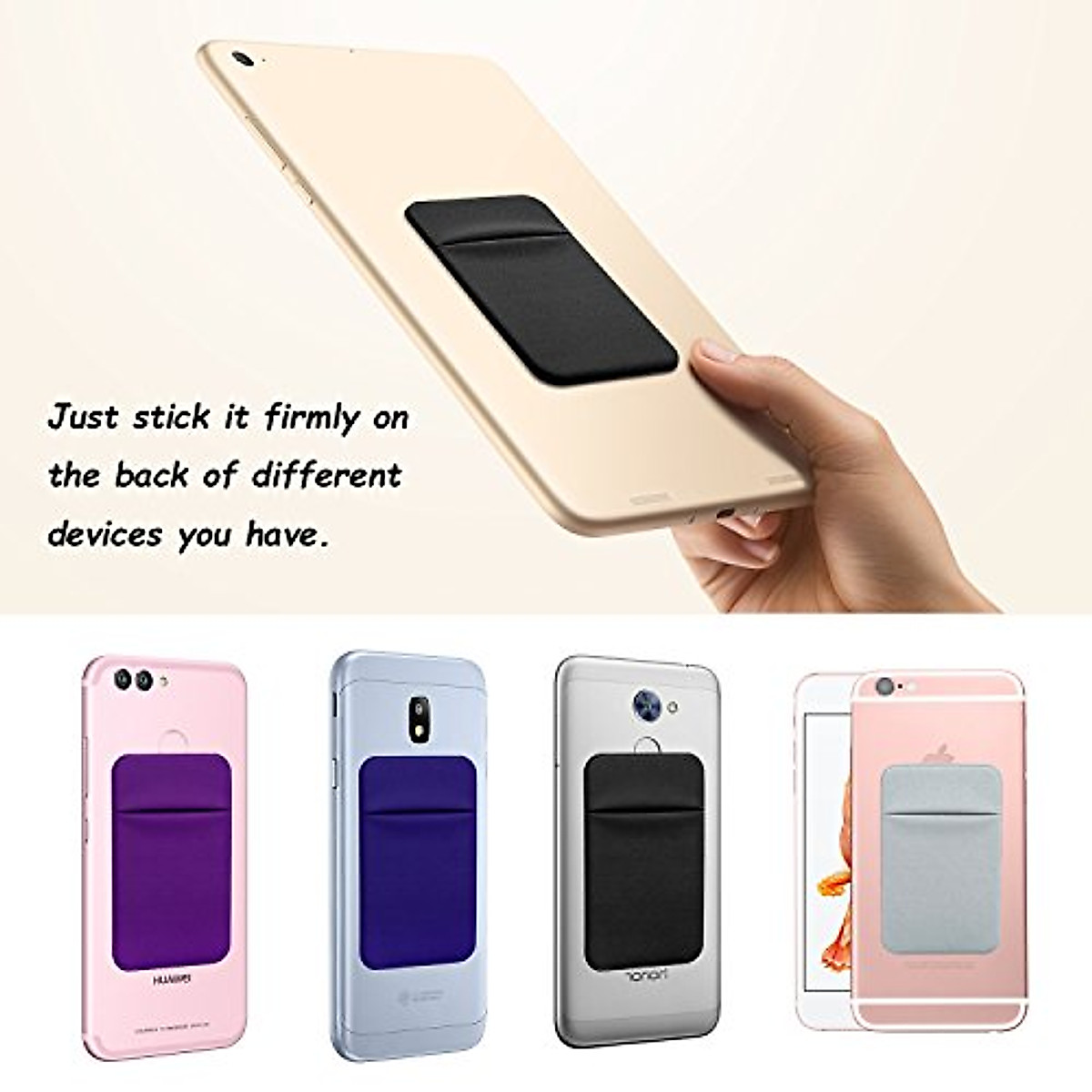 Costyle 4 Pack Credit Card Holder for Cell Phone, Stretchy Lycra Cell Phone Card Holder for Back of Phones Stick on Wallet Pocket 3M Adhesive Sticker for Samsung Galaxy iPhone-Black Blue Purple Grey