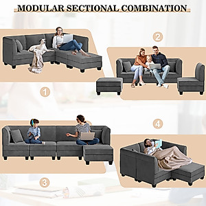 Vongrasig 5 Pieces Sectional Couch Modular Sofa with Reversible Chaise 116" Velvet L-Shaped Couch Sofa 4-seat Modular Large Sectional Couch with Ottoman for Living Room, Upholstered Cushion (Grey)