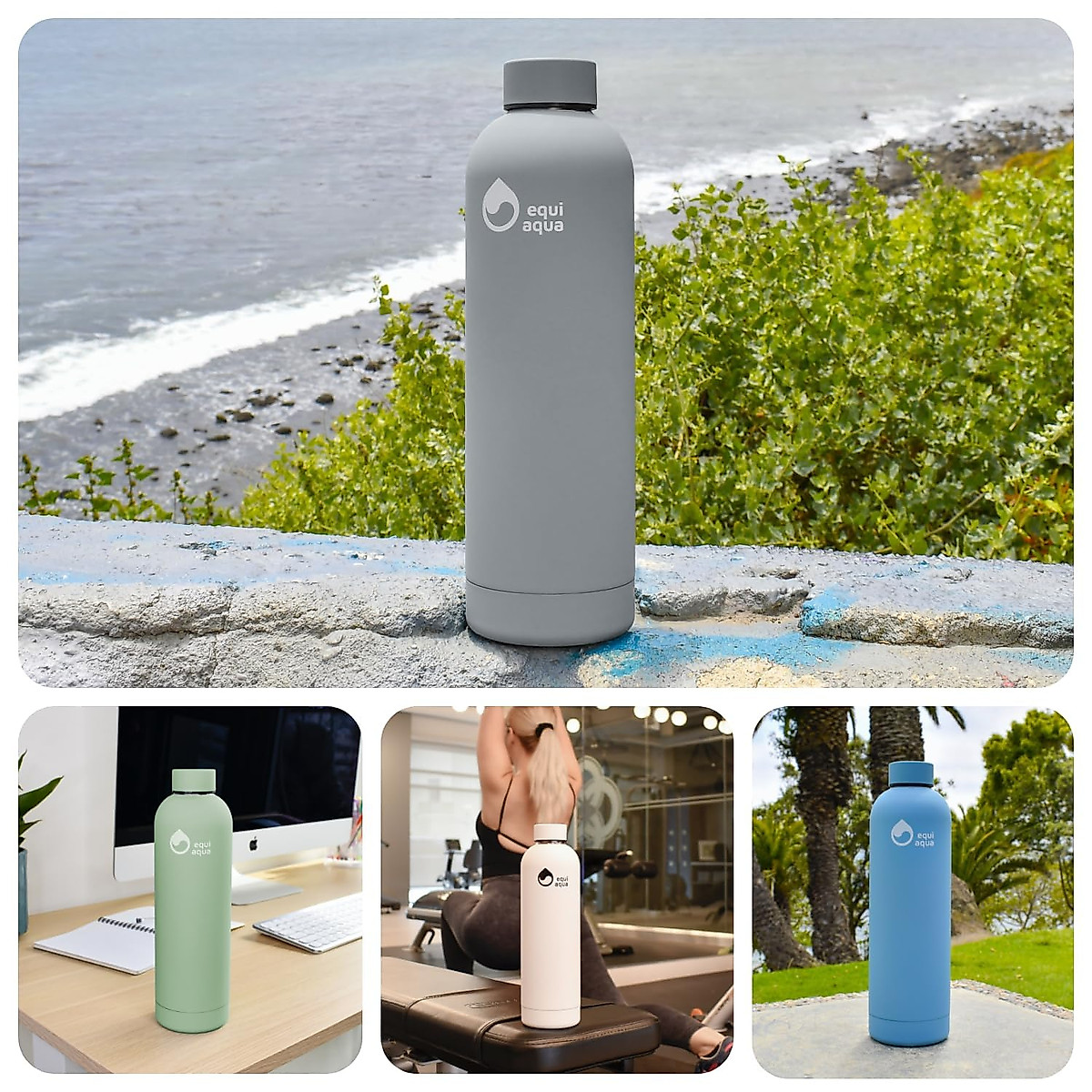 equi aqua Stainless Steel Water Bottles - 25 oz, Double Wall Vaccuum Insulated Water Bottle, Hot and Cold Leak Proof Metal Water Bottles for Sports, Gym, Camping (sleek grey)