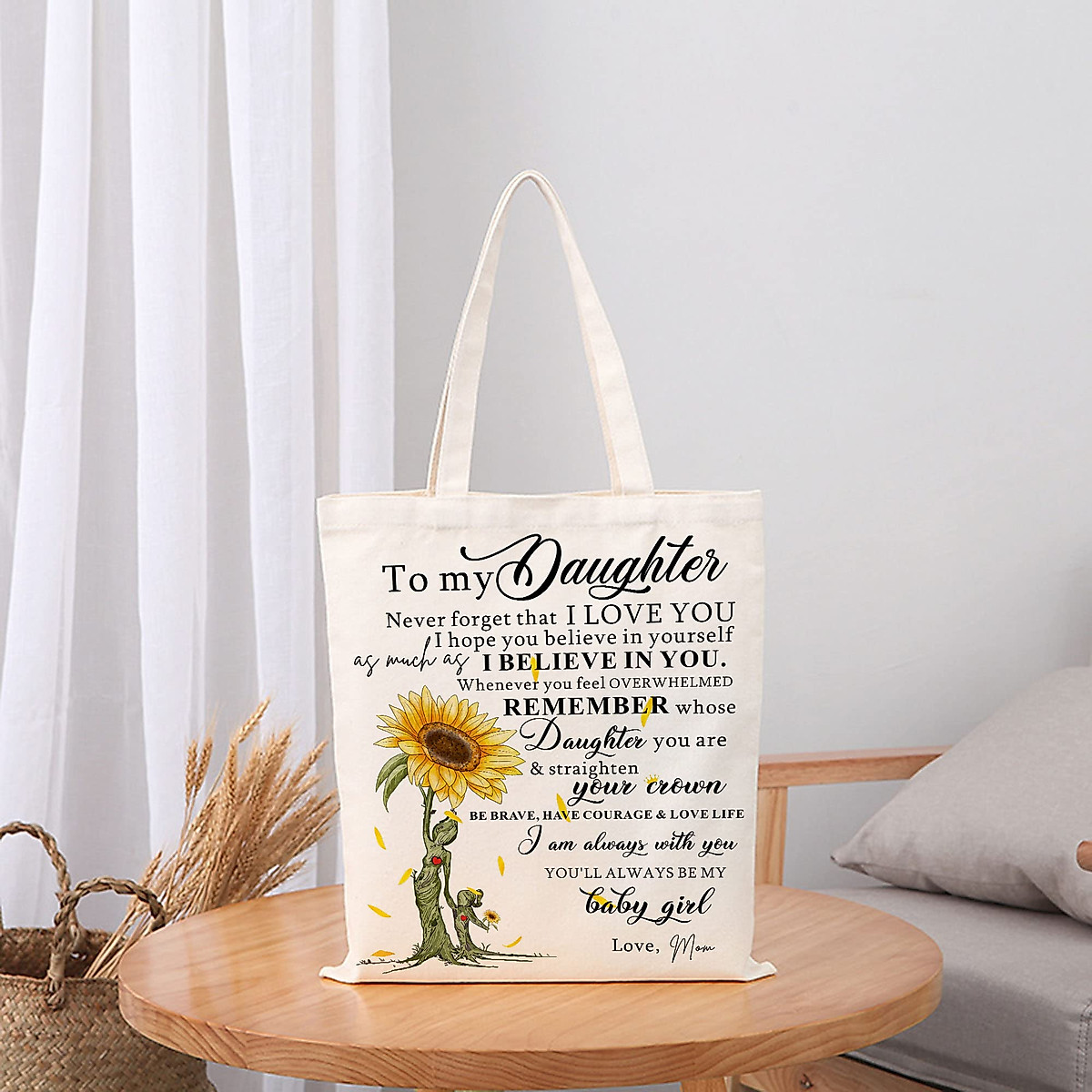 CHONG SHENG Gift for Daughter from Mom Daughter Birthday Inspirational Gifts for Daughter Graduation Christmas, Canvas Tote Bag with Pocket, Reusable Shopping Grocery Bag for Shopping Travel