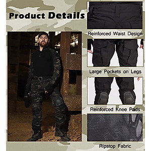 Lilychan Men's Military Uniform Airsoft Tactical Army Suits Combat Shirt Pants Paintball Gear with Knee Pads-Black Camo,L/34
