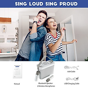 Portable Karaoke Singing Machine with 2 Wireless Microphone, Bluetooth Speaker with HD Sound PA System Support Echo and Vocal Cut,USB,TF, AUX for Party, Meeting, Wedding,Picnic and Outdoor (White)