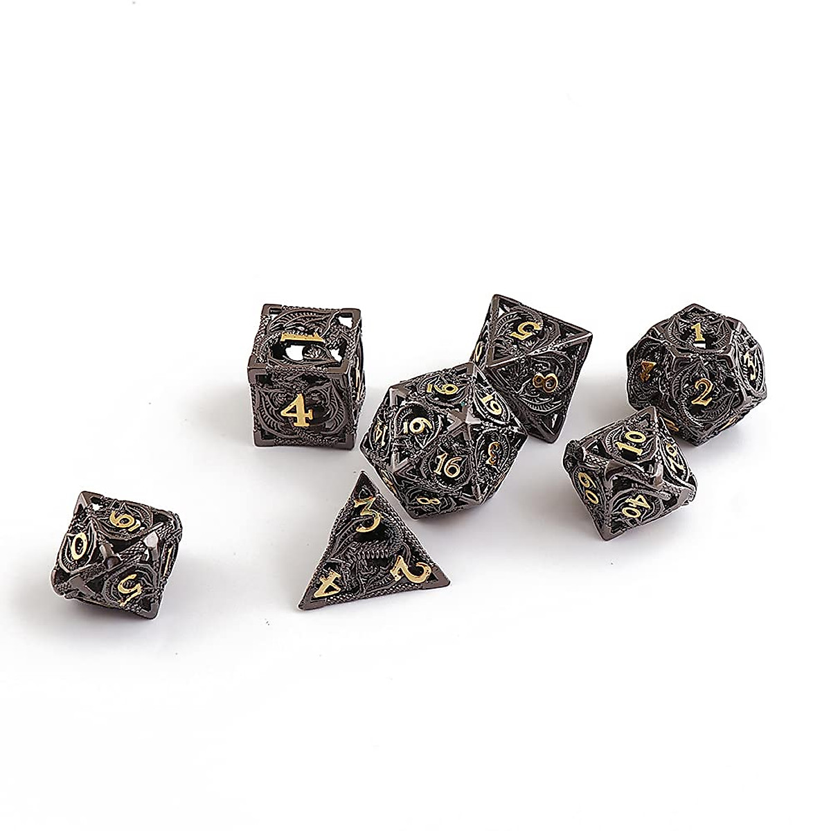 Hollow Metal D&D Dice Set with Gift Box, DND Role Playing Game D20 D12 D10 D8 D6 D4 Polyhedral Dice Set for Dungeons and Dragons Pathfinder Shadowrun Math Teaching RPG, Black Gold