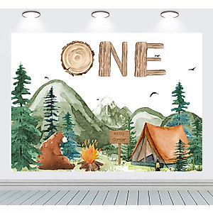 ANSHUHAI One Happy Camper Backdrop One Happy Camper Birthday Decorations Boy's 1st Birthday Party Photography Background Forest Camping Birthday Backdrop One Happy Camper Banner (8x6ft)