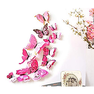 Butterfly Wall Decals 24Pcs 3D Butterflies Stickers Removable Mural Decor for Kids Room Bedroom Decor Living Room Decor (Pink)