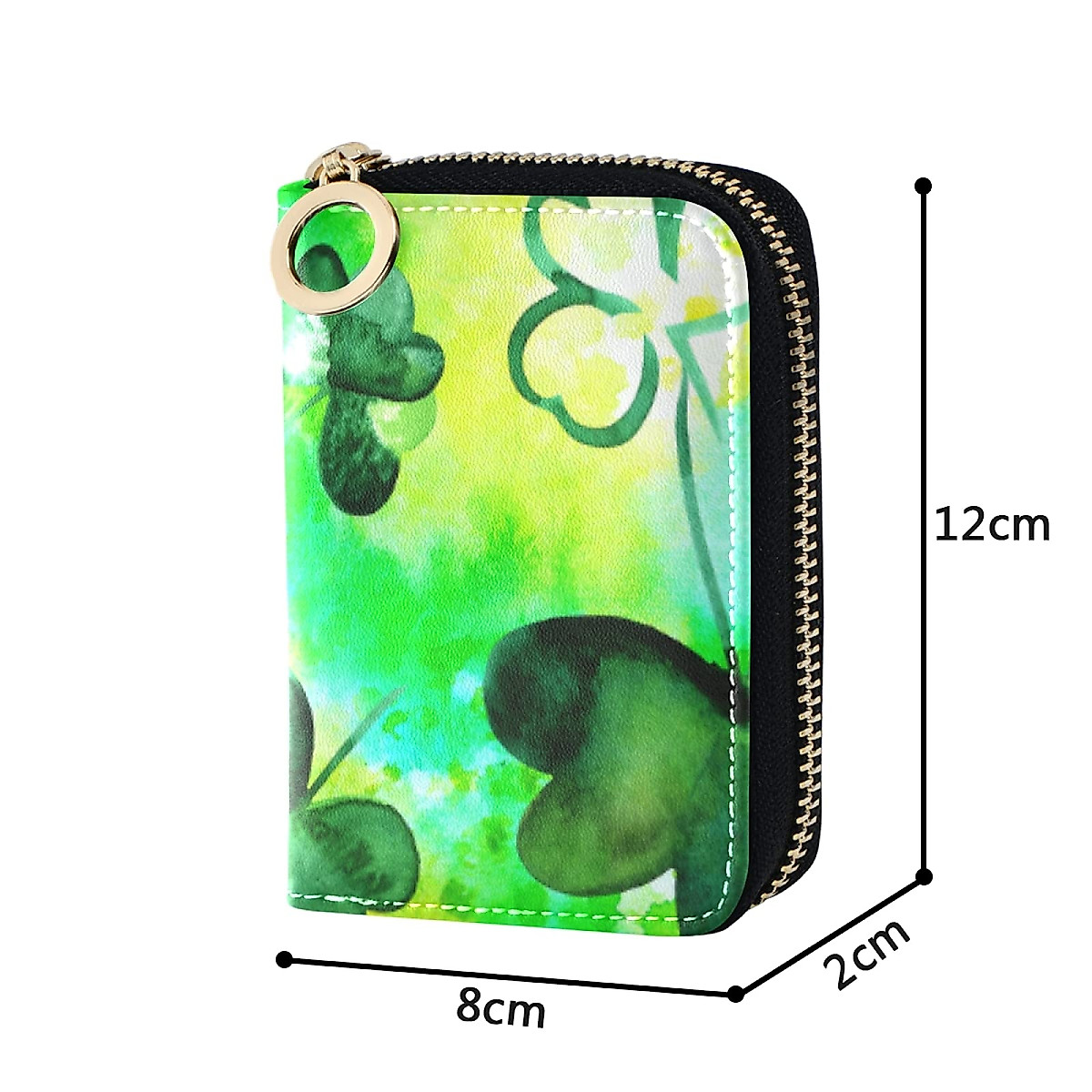 Watercolor Shamrock Clover Seamless Green St. Patrick's DayGrey Credit Card Coin wallet, RFID Blocking Compact Women Leather Card Holder, Key Change Organizer, Zipper Purse Clutch Pouch Pocket