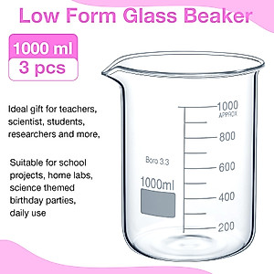 Relaxweex 3 Pcs 1000ml Beaker 3.3 Borosilicate Glass Beakers Griffin Low Form Beaker Measuring Cups with Scale Graduation Measuring Beaker for Laboratory School Projects Science Themed Party Daily Use