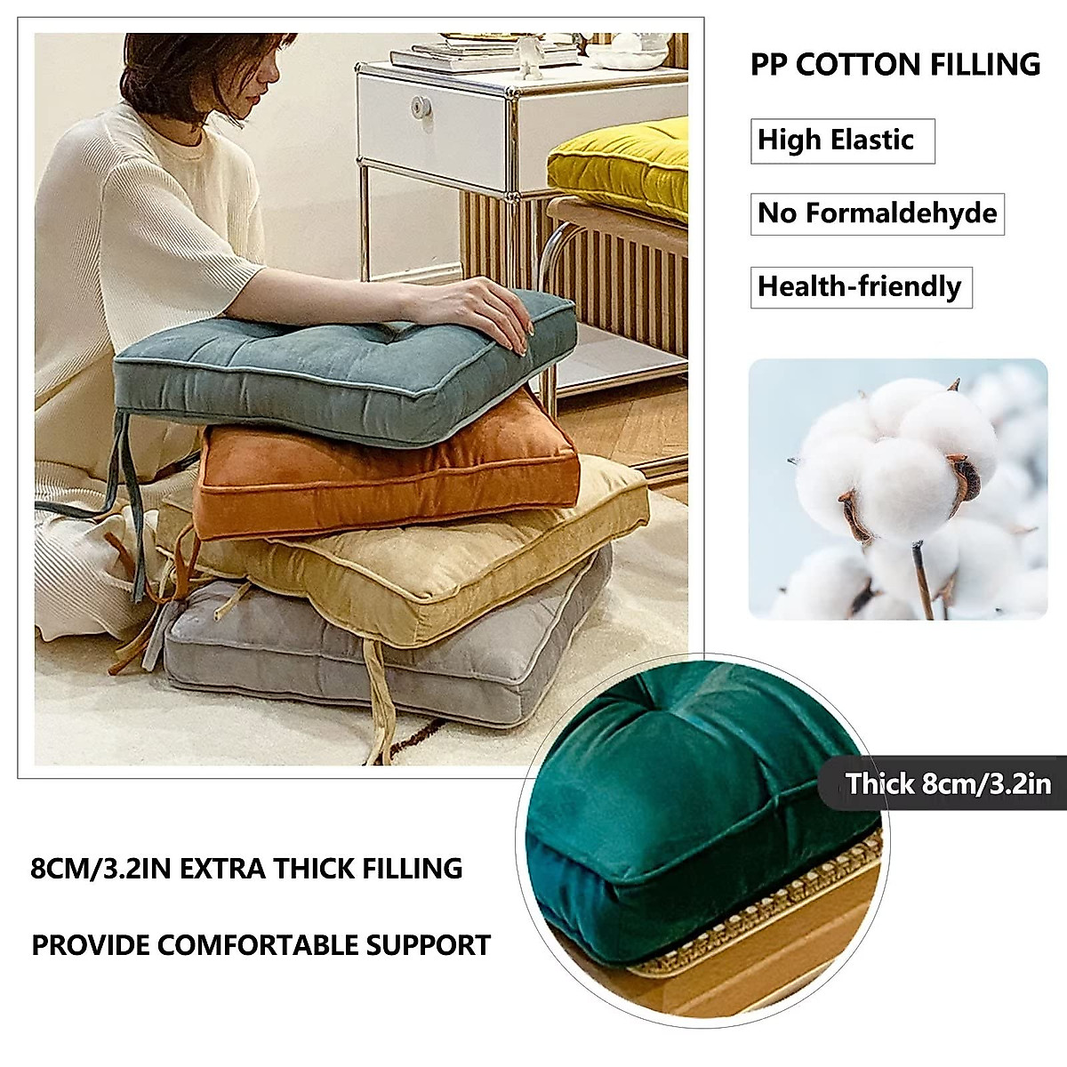 Square Dining Room Chair Cushions Set of 6, Chair Pads for Dining Chairs 6 Pack with Ties, Extra Thick Seat Cushion with Anti-Slip Straps and Hidden Zipper, Durable Velvet Cover Cyan