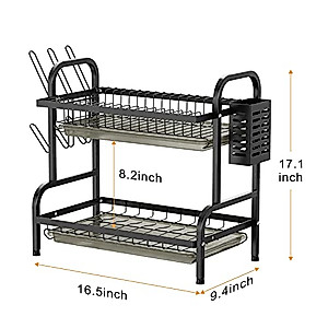 iSPECLE Dish Drying Rack for Kitchen Counter 2 Tier Dish Rack with Cup Holder, Dish Drainer with Drainboard and Utensil Holder Large Capacity for Small Kitchen Countertop Saving Space